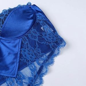 36zips | Tops | Nwt M Blue Sexy Lace Mesh Satin Corset Bustier Top ...